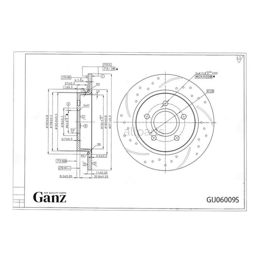 GANZ GIJ06009S Диск тормозной задний перфорированный PRO-LINE с покрытием (комплект 2 шт) FORD FOCUS III 11-> GANZ GIJ06009S