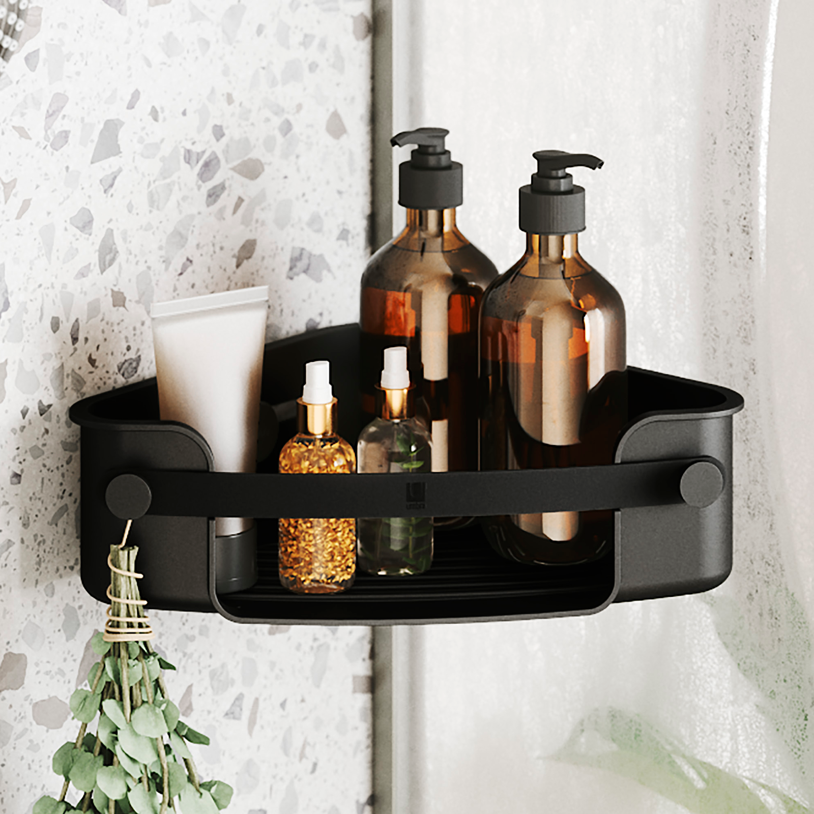 Угловая клеящаяся полка для ванной Umbra Flex, черная