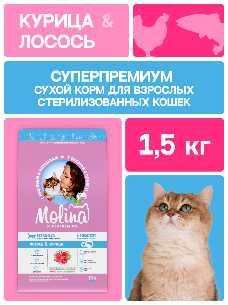 Сухой корм для стерилизованных кошек с лососем и курицей STERILISED SALMON & CHICKEN, 1,5 кг MOLINA