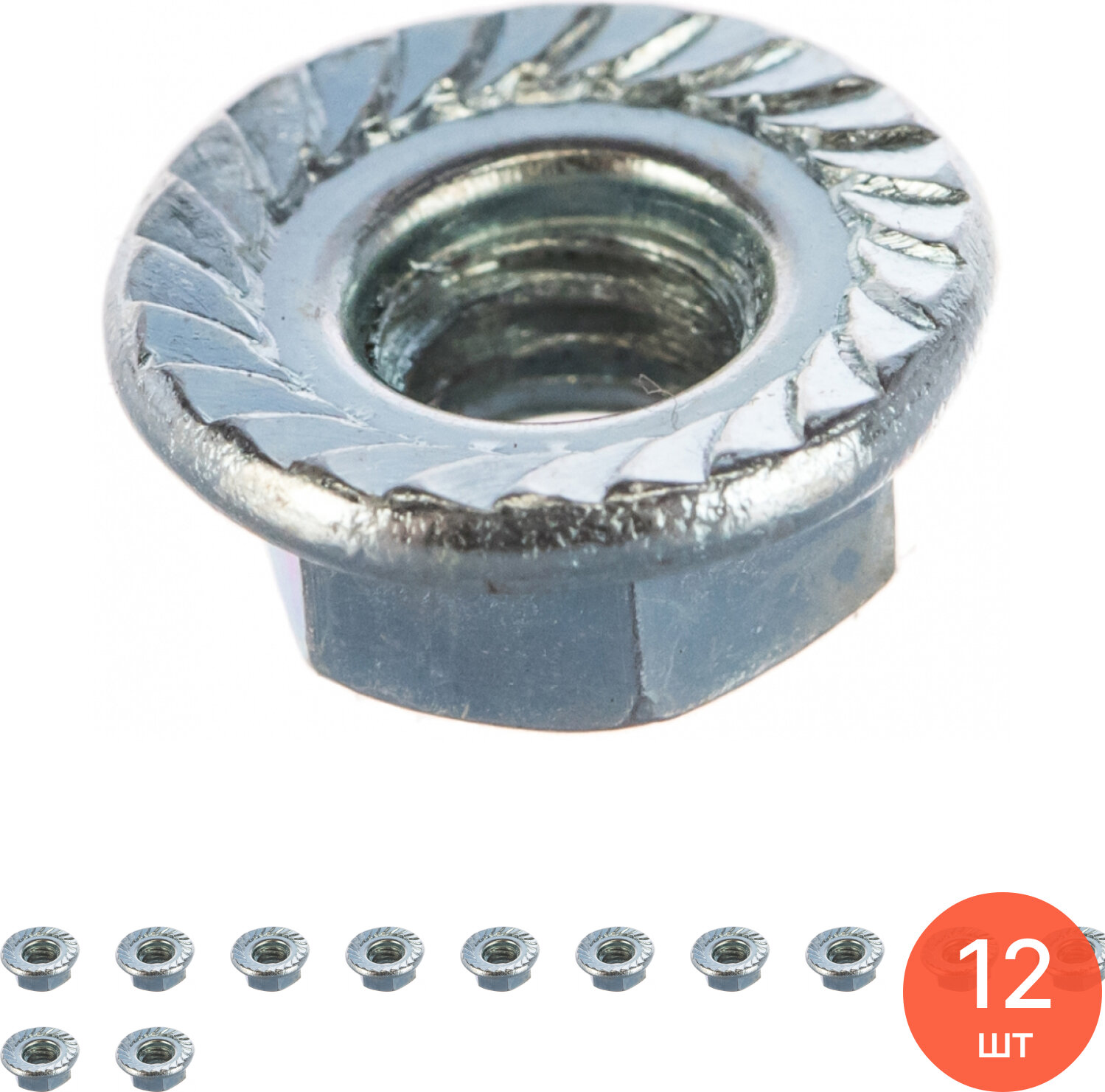 Гайка Стройбат DIN 6923 с фланцем, из оцинкованной стали, размер под ключ 24мм, М16, внутренний диаметр 16мм, 2шт. / крепеж (комплект из 12 шт)