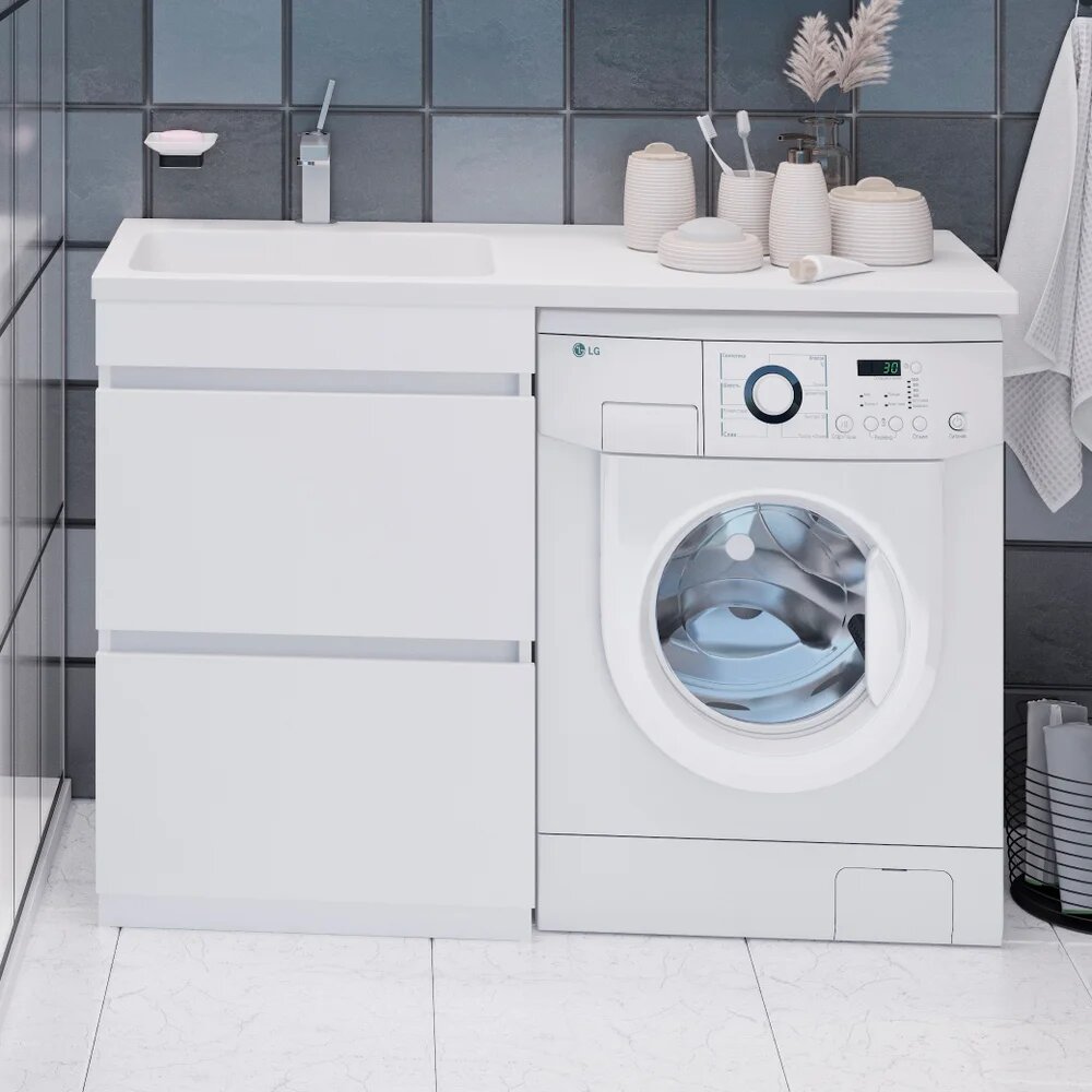 Тумба под раковину без столешницы Emmy Джерси 110 напольная, белая, глянцевая, из МДФ, тумба для ванной, с ящиками, с доводчиками