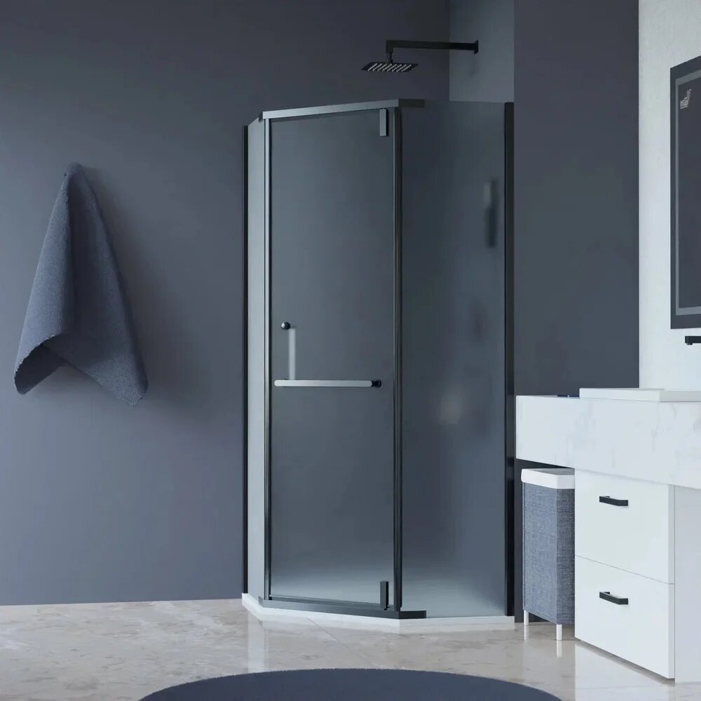 Душевой уголок RGW Hotel HO-081 без поддона, стеклянный, черный, 100x100, с распашными дверями, с матовым стеклом пятиугольный