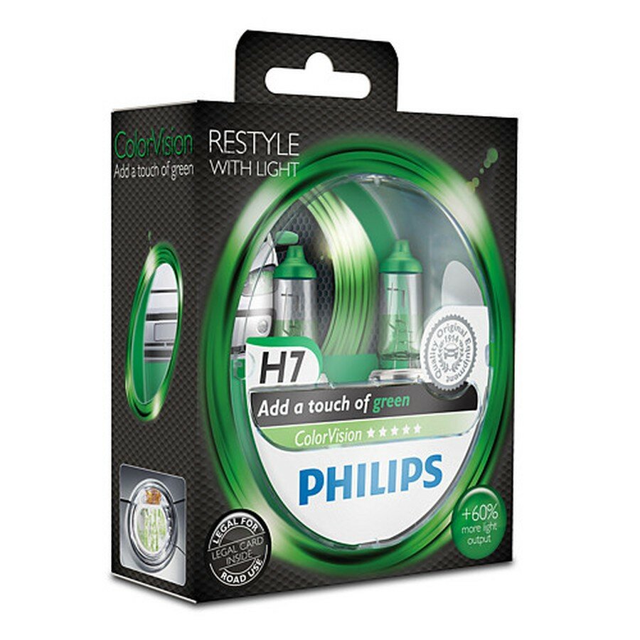 Лампа H7 12V 55W PX26d ColorVision Green (к-т 2шт.) от официального дистрибьютора, PHILIPS, артикул 12972CVPGS2