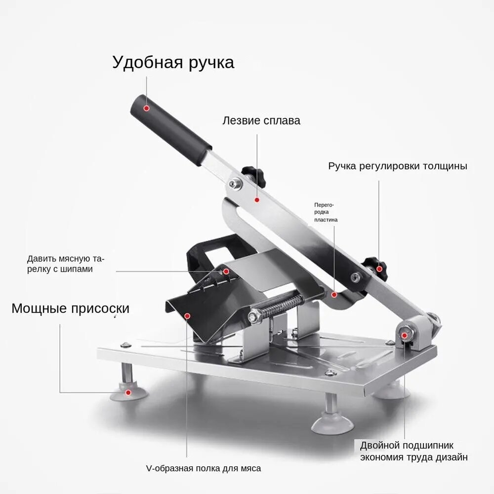 Ломтерезка для мяса, нержавеющая сталь, регулировка толщины, поднос для нарезки, металлический корпус, для дома — фото 1