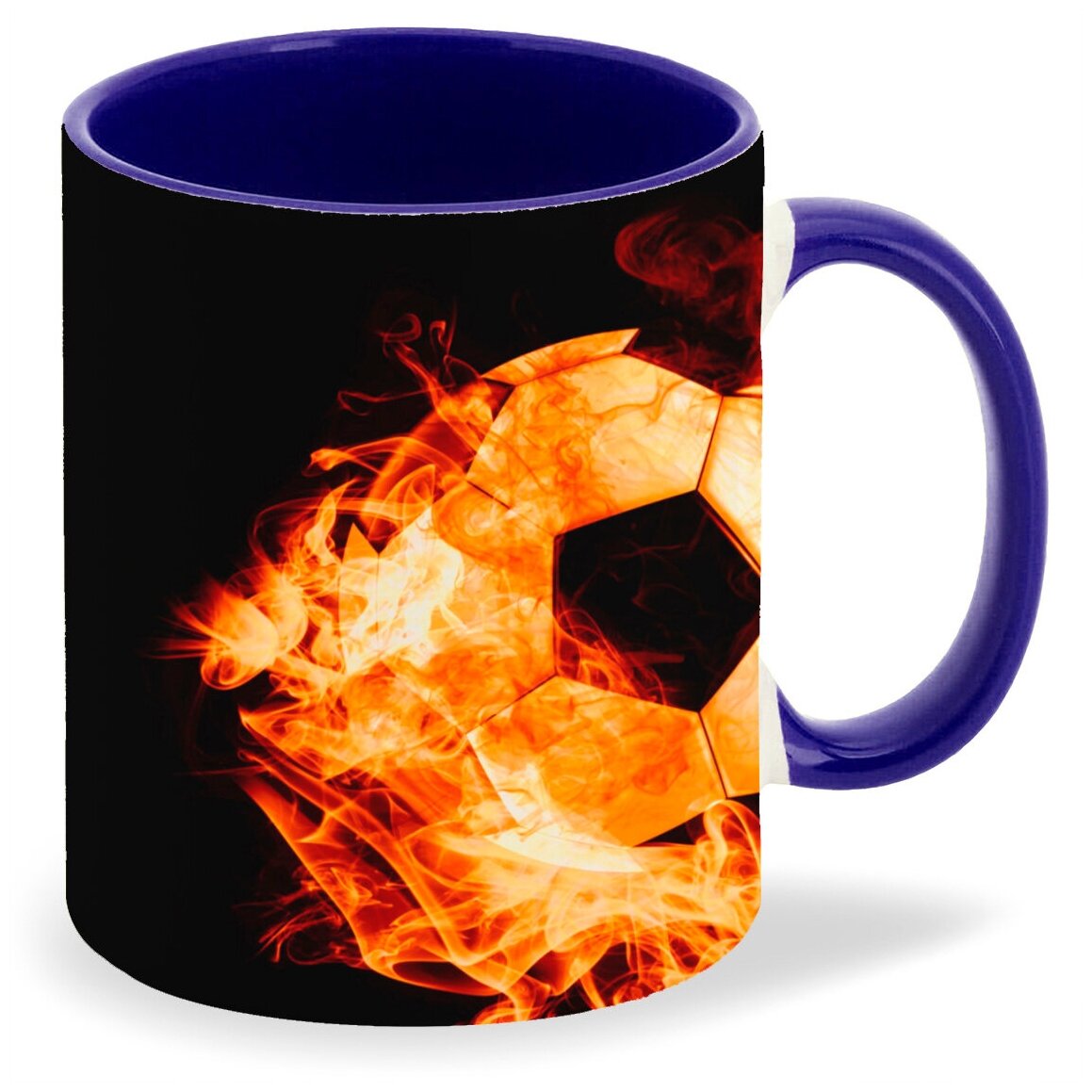 Кружка синий CoolPodarok Футбол Футбольный мяч в огне Чёрный фон