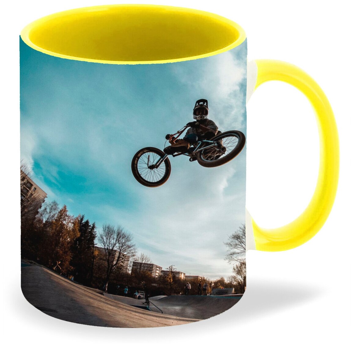 Кружка желтая CoolPodarok Велосипед Велосипедист Трюк Шлем