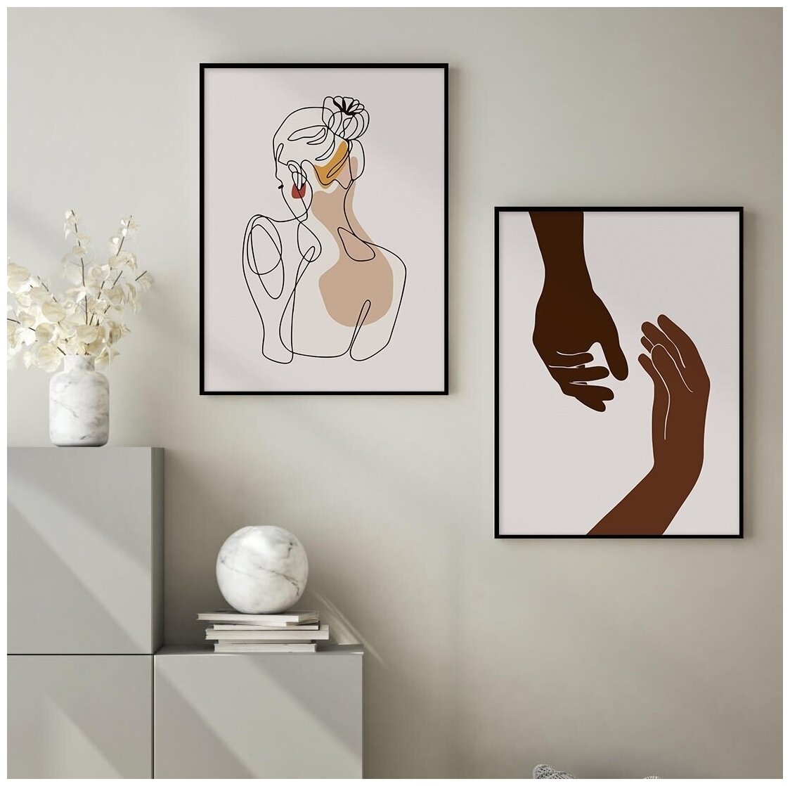 Постер 2 шт 50x70 без рамки "Две руки, силуэт на бежевом фоне" набор картин для интерьера