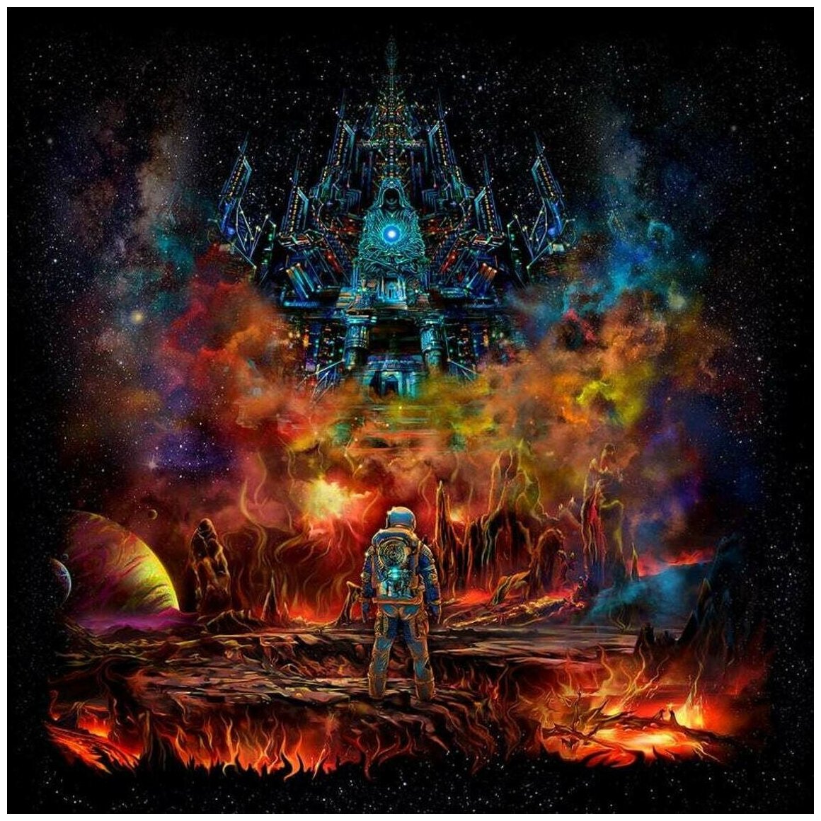 Светящаяся картина "Lost Astronaut", 50x50 см. Постер светятится в ультрафиолете активным флуоресцентным психоделическим принтом, гобелен на стену.