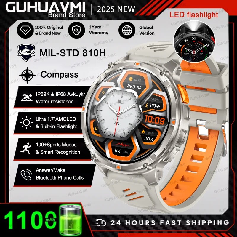 Мужские умные часы GPS 1100 мАч Bluetooth звонки Grey orange