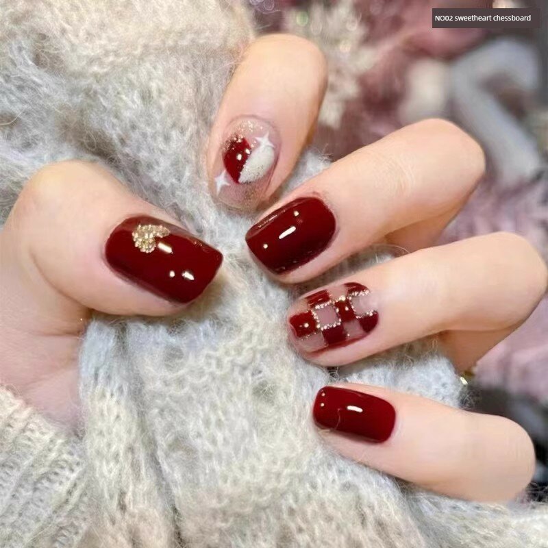 Наклейки для ногтей с милым шахматным узором, короткие квадратные кончики, ручная работа