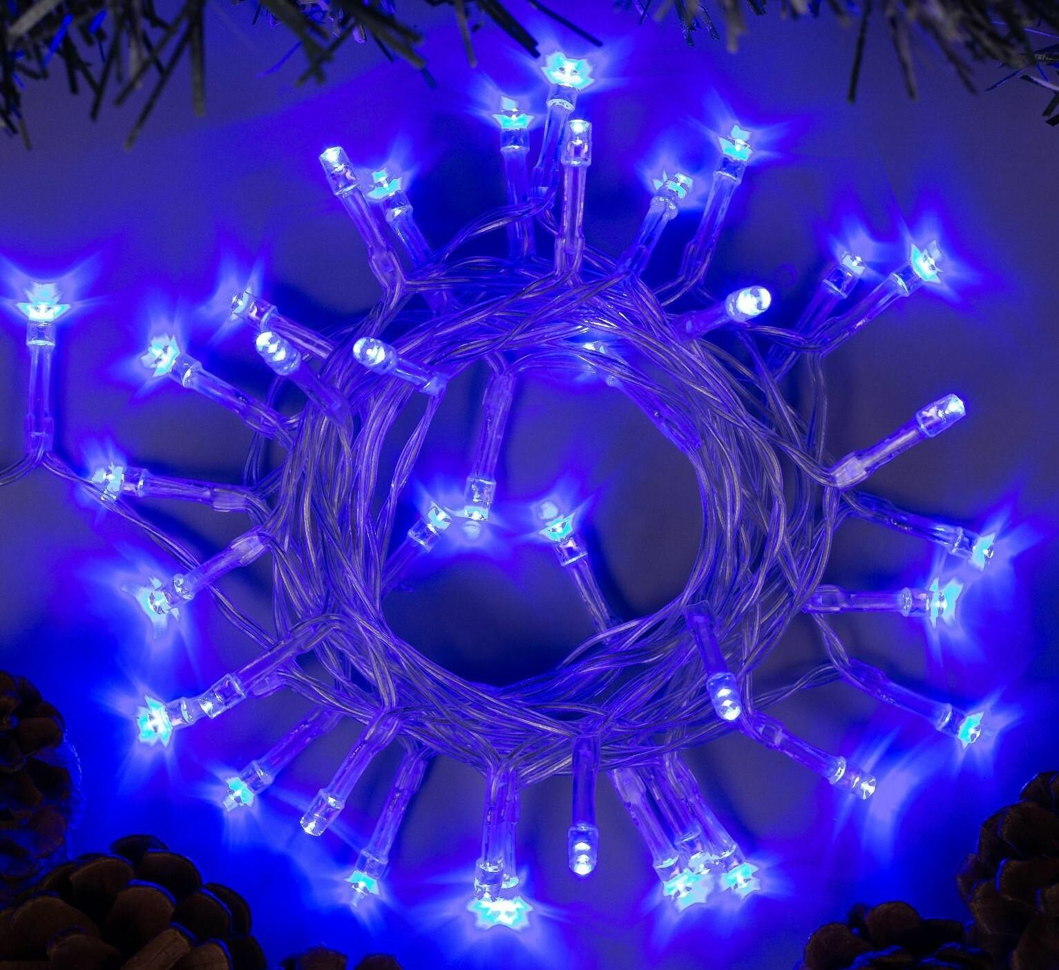 Гирлянда интерьерная светящаяся "Нить" 2 м, IP20, прозрачный шнур, 20 LED, свечение синее, 2 режима, работает от батареек AAх3, декоративная новогодняя электрогирлянда