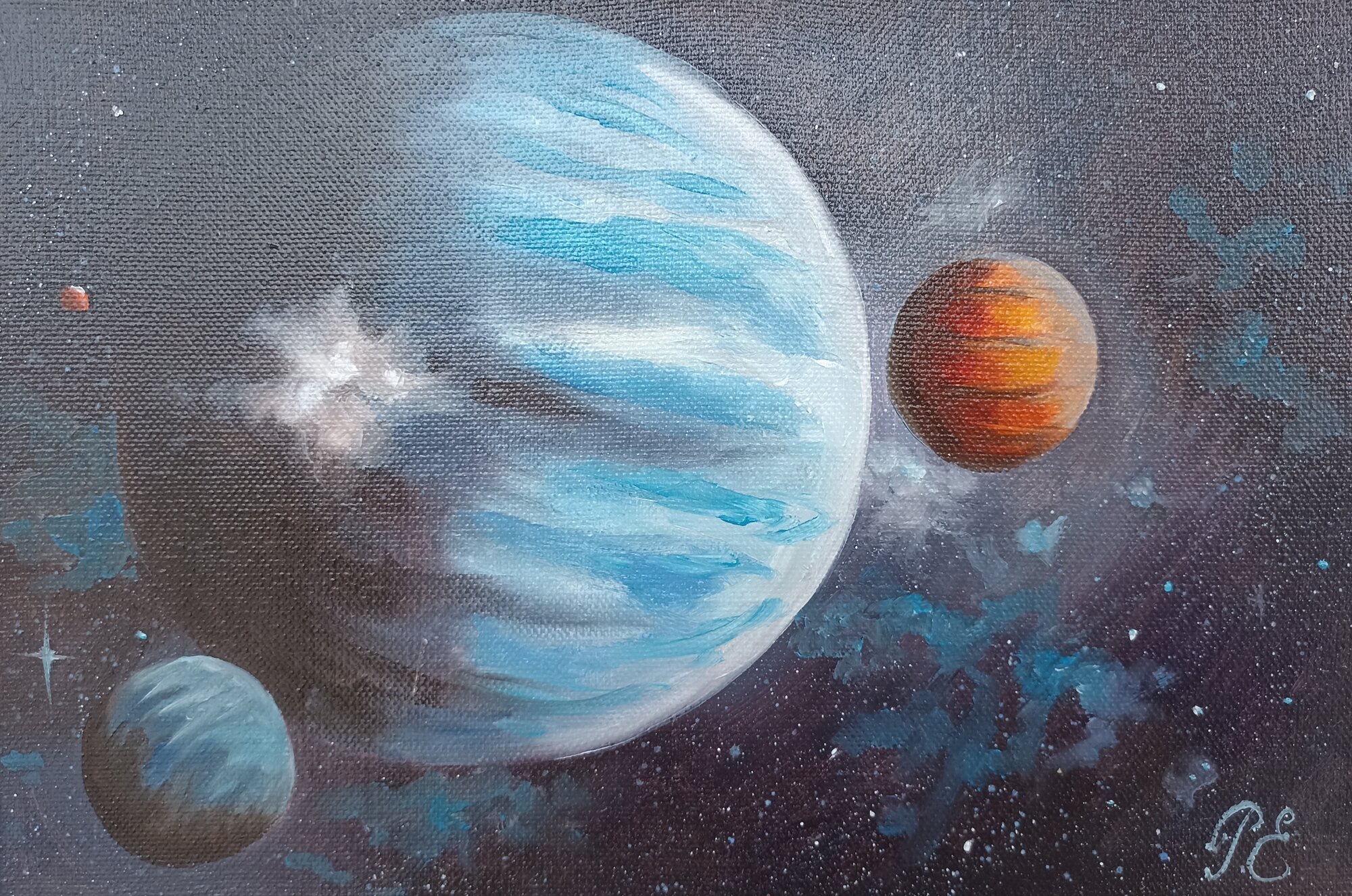 Картина масло/холст. 100% ручная работа, 100% живопись от Художественной мастерской Грёзы. Картина из серии "Космический пейзаж". Картина написана в технике Лейденский школы голландской живописи (гладко, не мазками). 20х30 см.