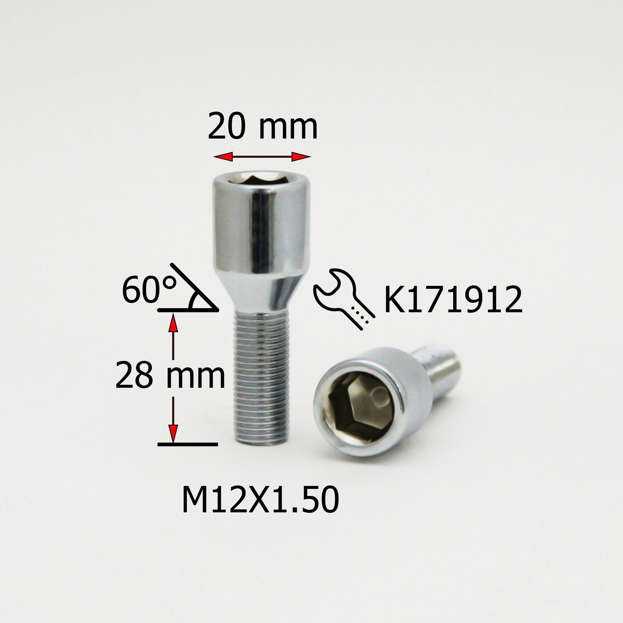 Болт колесный M12x1,5 длина резьбовой части 28мм, диаметр 20мм, Хром, ключ шестигранник 12мм(К171912), 20 штук
