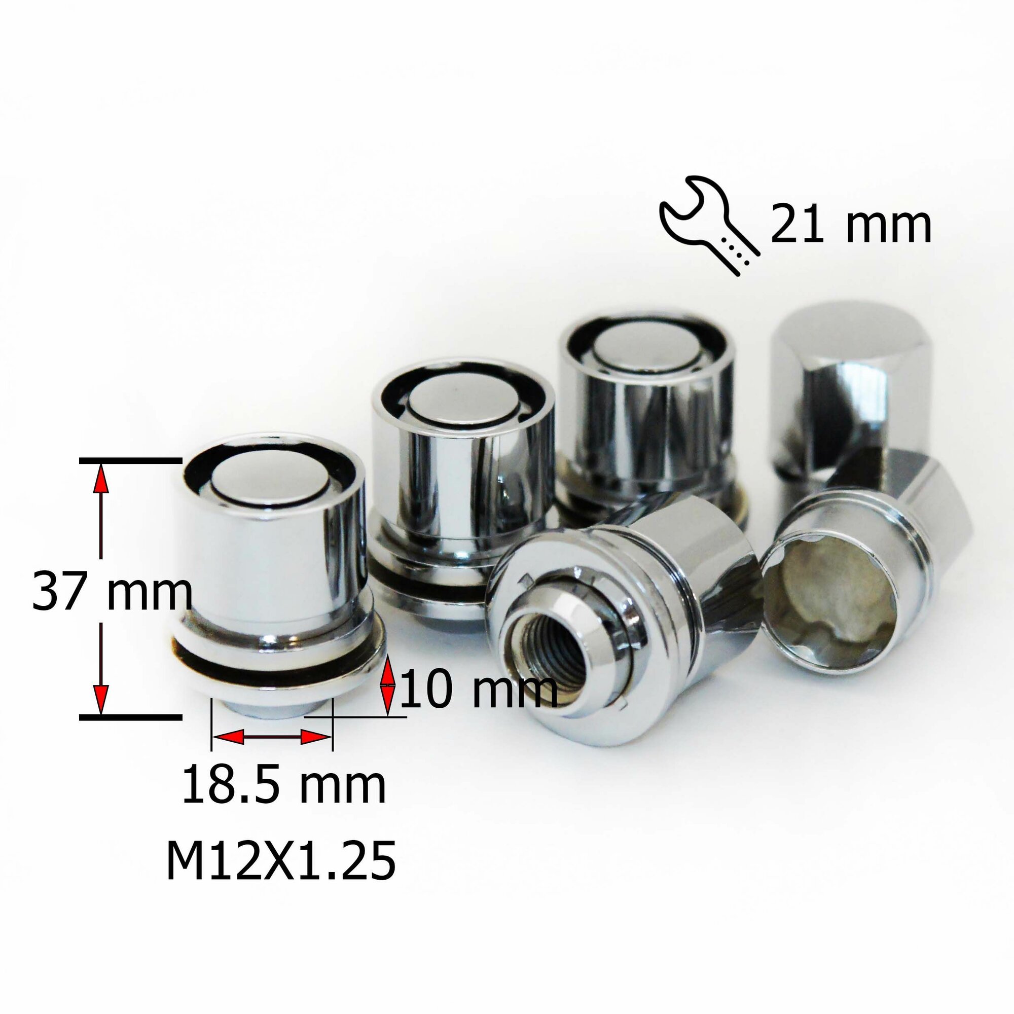 Комплект секретных гаек М12x1,25 высота 37 мм Прессшайба, носик 18,5 мм закрытая, с вращающимся кольцом, 2 ключа