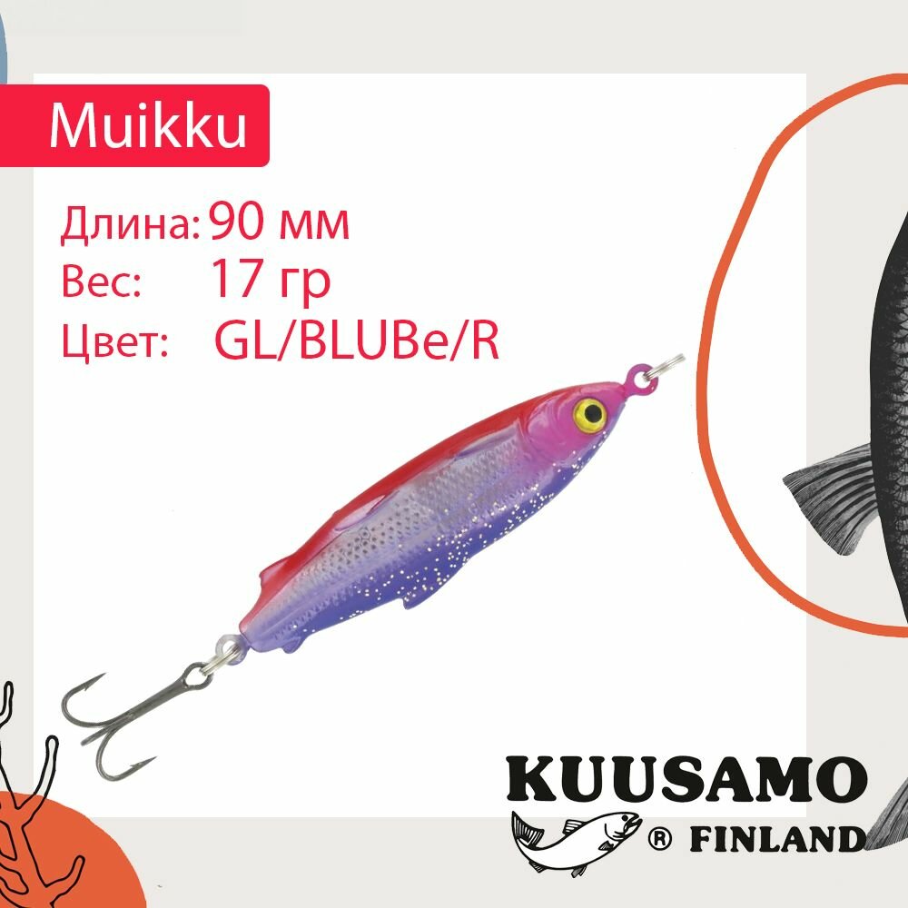 Блесна для рыбалки Kuusamo Muikku 90/17 GL/BLUBe/R, UV (колеблющаяся)