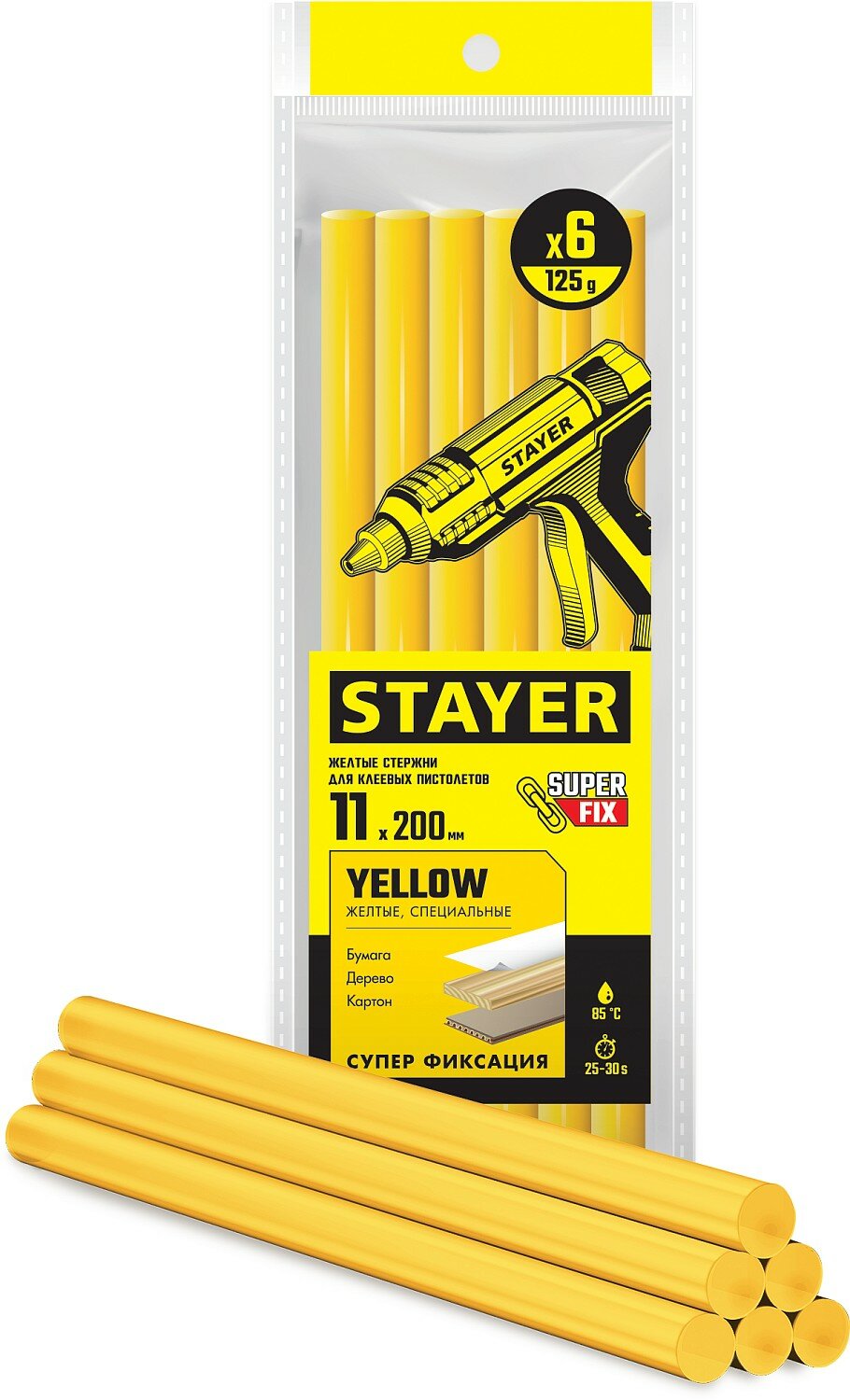 Клеевые стержни STAYER Yellow жёлтые, 11x200мм, 6шт 2-06821-Y-S06
