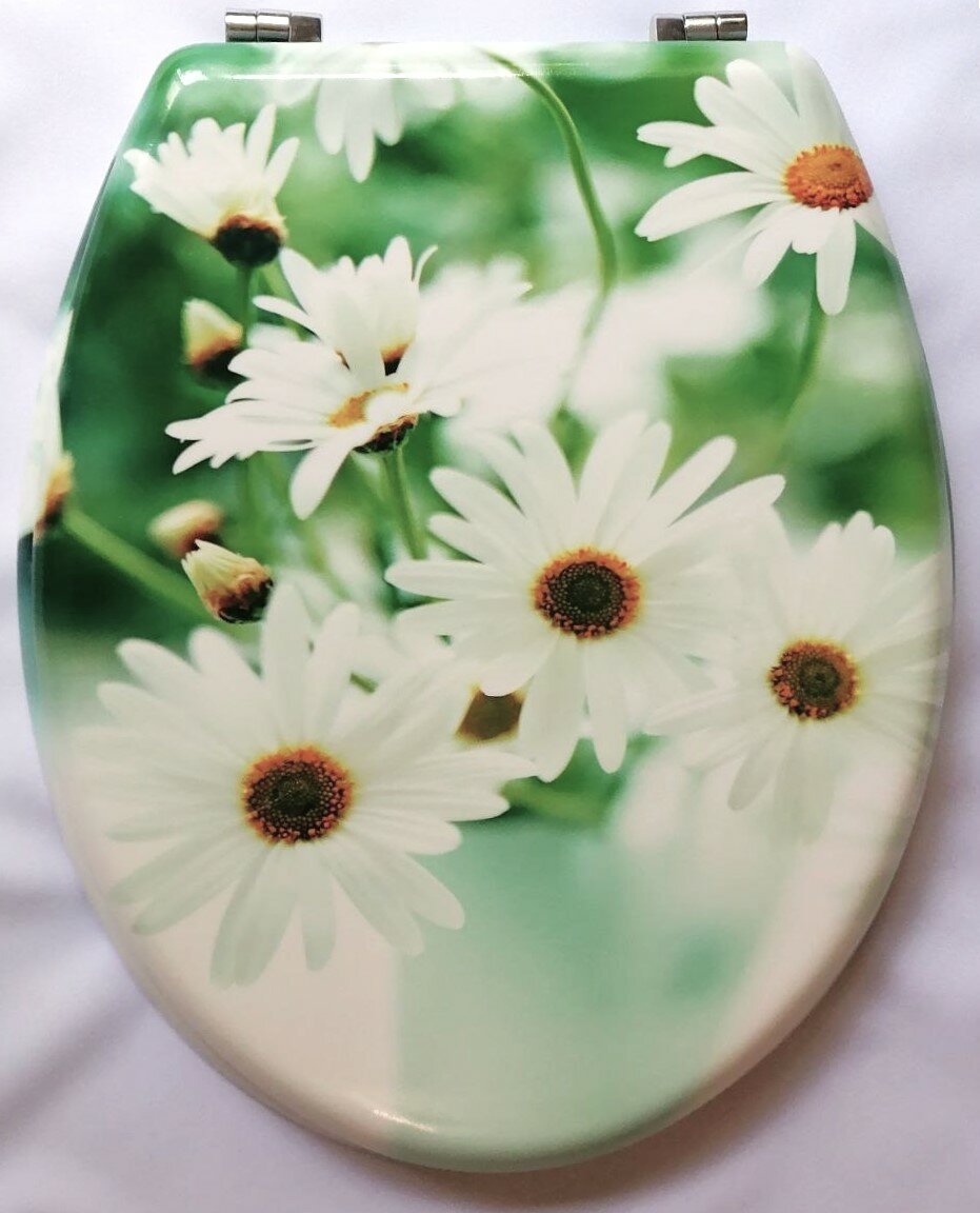 Крышка-сиденье на унитаз деревянная МДФ Ромашки, крепеж регулируется 14-21 см