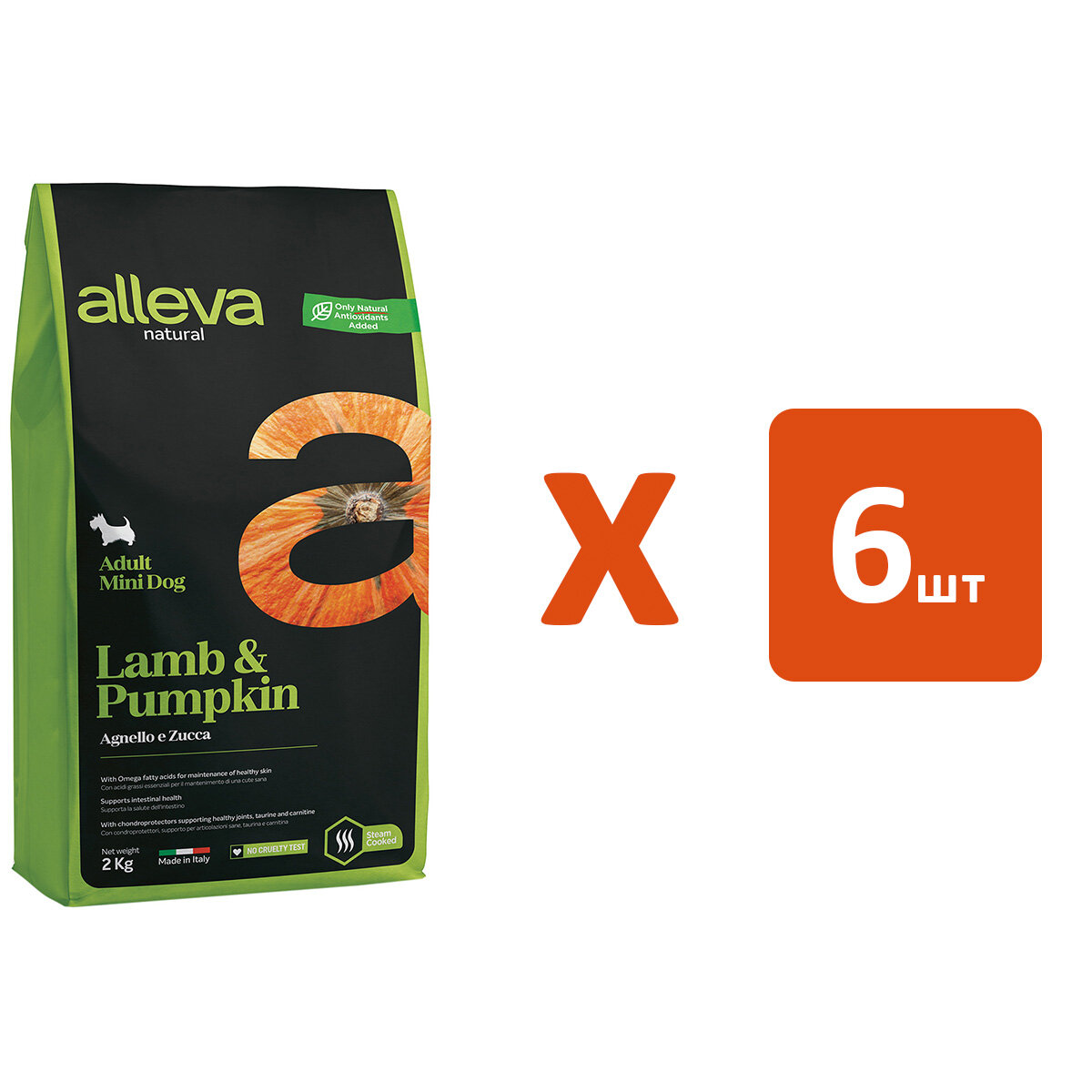 ALLEVA NATURAL ADULT DOG MINI LAMB & PUMPKIN низкозерновой для взрослых собак маленьких пород с ягненком и тыквой (2 кг х 6 шт)