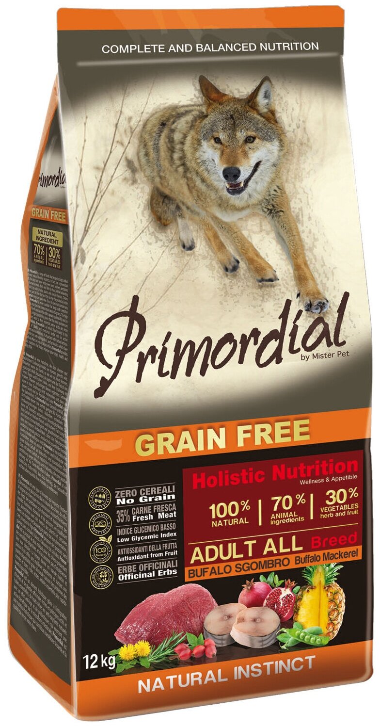 Сухой Корм для Собак Примордиал беззерновой, Буйвол Primordial Holistic Nutrition Adult,12 кг