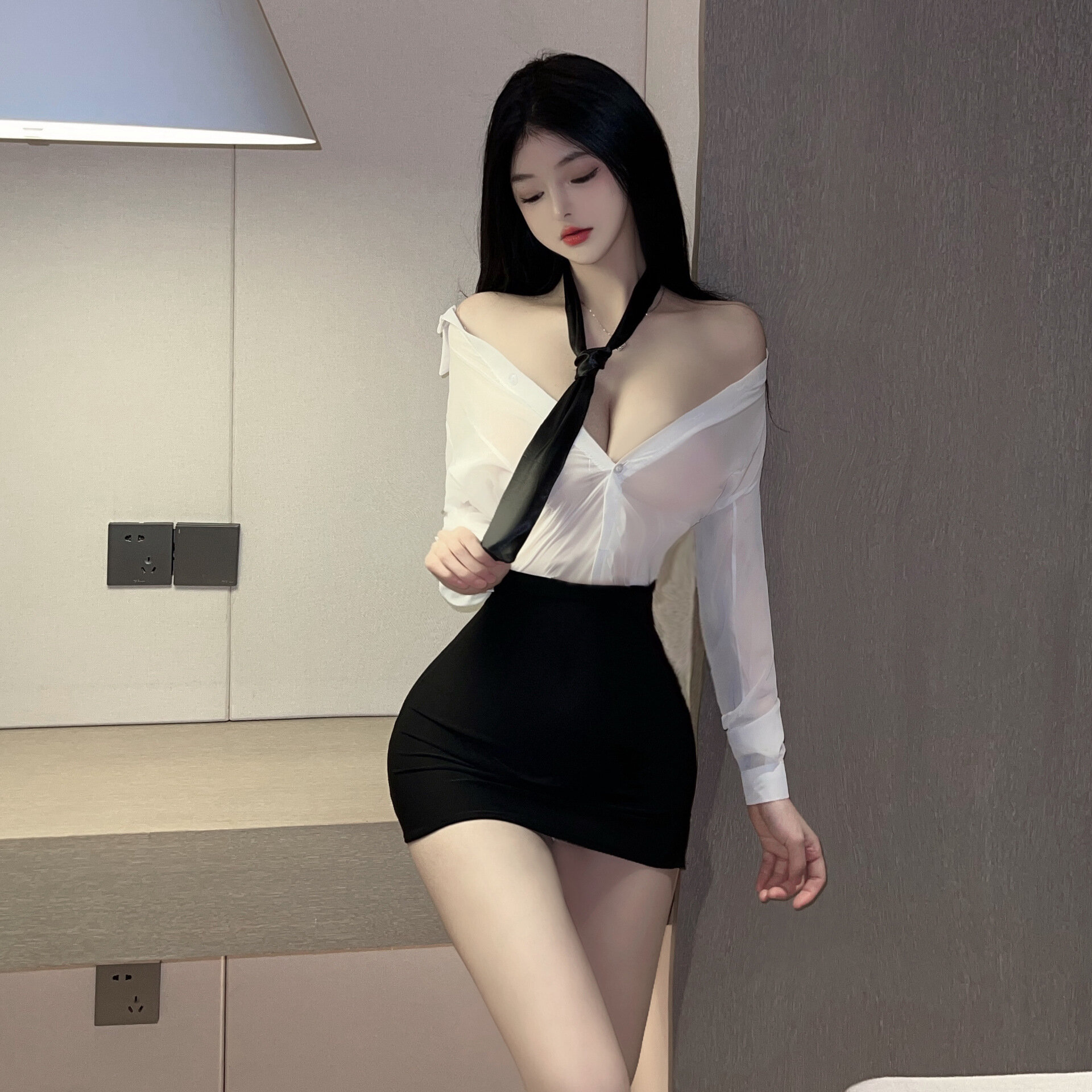 Сексуальный комплект нижнего белья для секретарши, соблазнительная и страстная прозрачная юбка-бигейт в стиле БДСМ для учительницы. Сексуальный комплект для секретарши: рубашка, черная юбка и галстук.