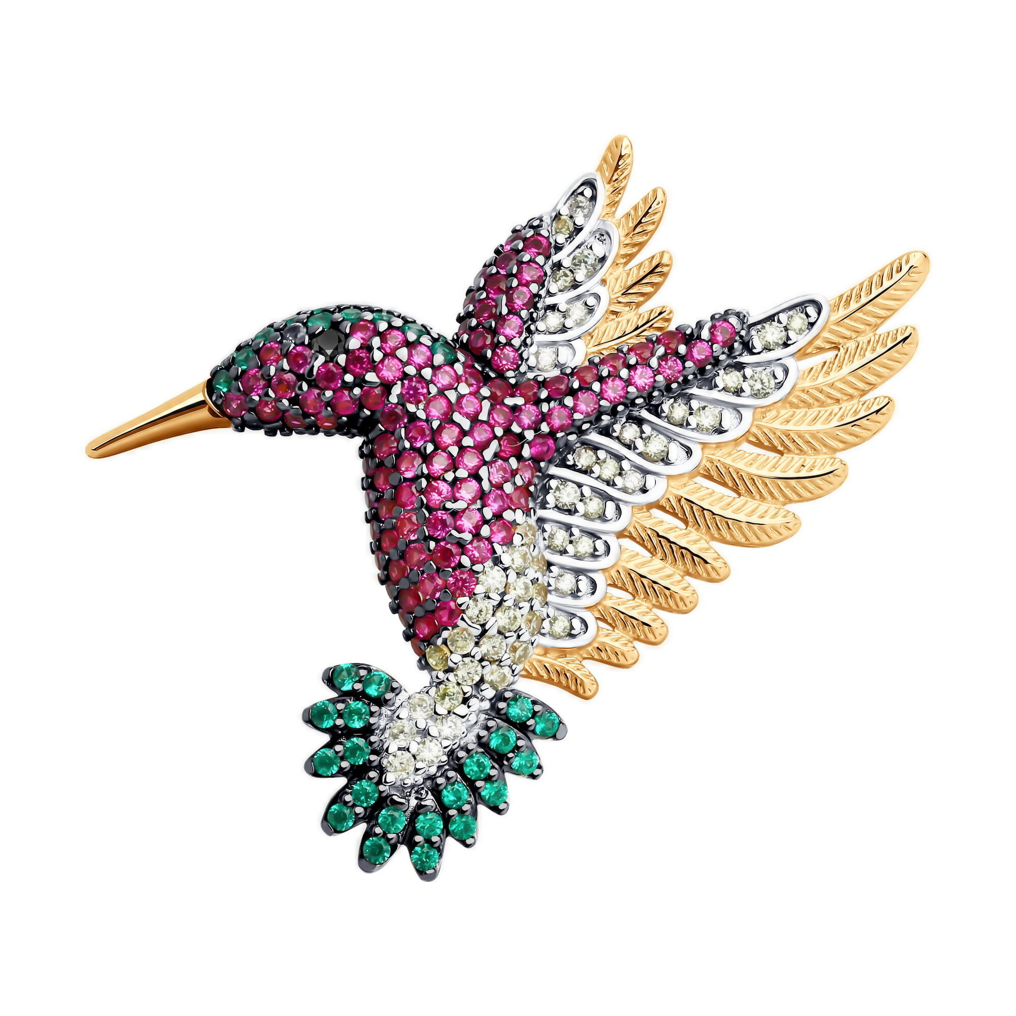 Брошь, серебро, 925 проба, золочение, корунд, фианит