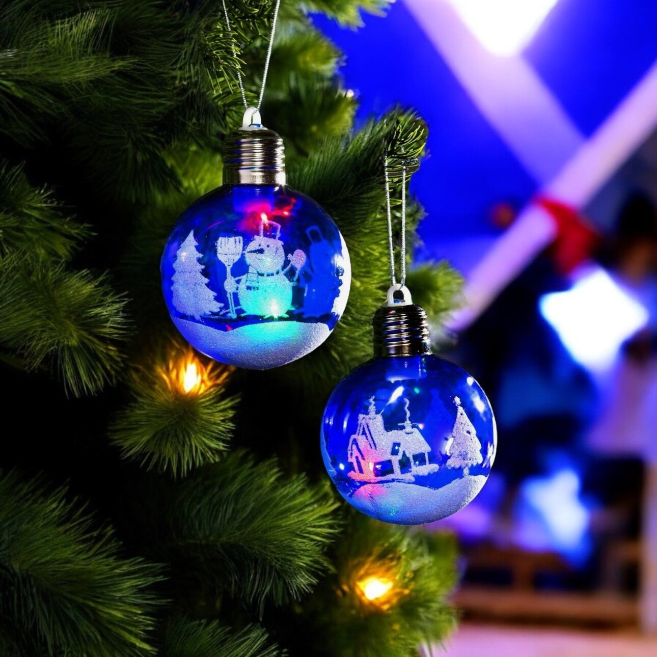 Набор ёлочных шаров "Зимний пейзаж", пластик, LED, RGB, батарейки, 8см, 2шт.