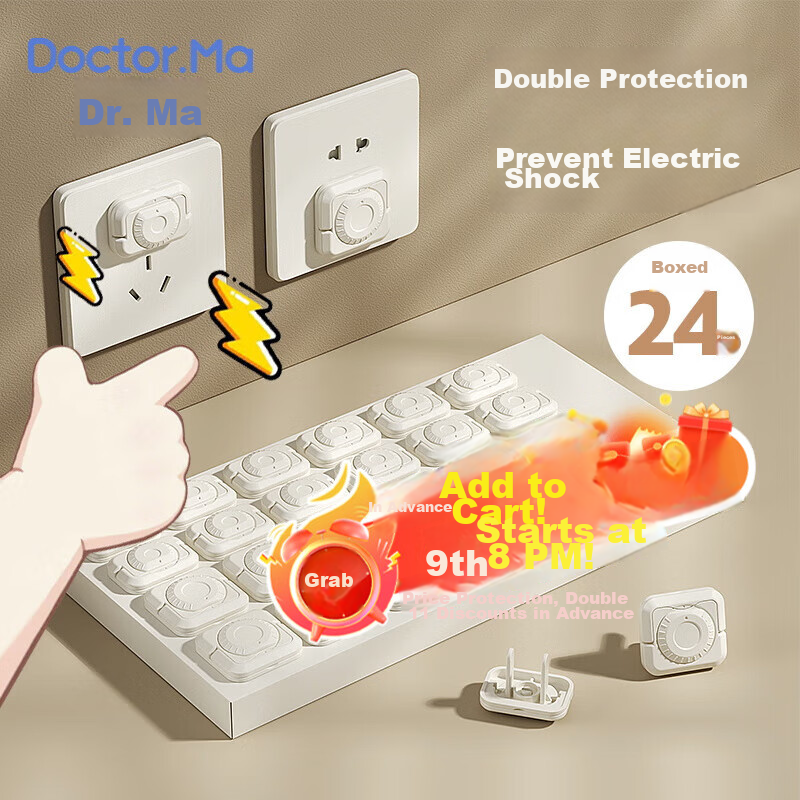 Dr. Ma Socket Protector, Safe Plug, Child Protection Cover, Electric Shock Prevention Switch, Power Socket Plug, 24 Pieces with Locks