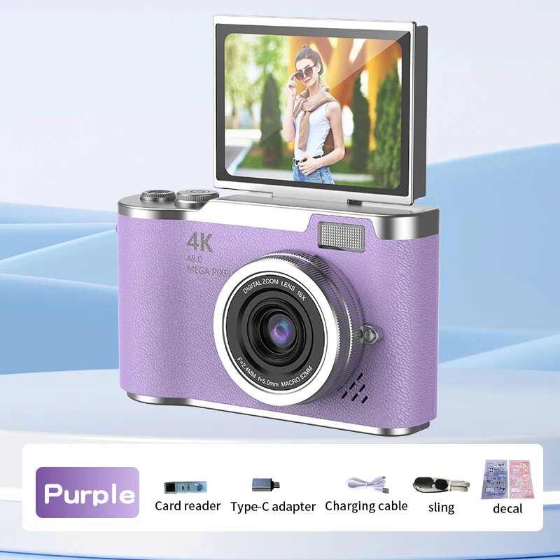 Reneer 4K цифровая камера 48МП, Purple, с 64GB картой