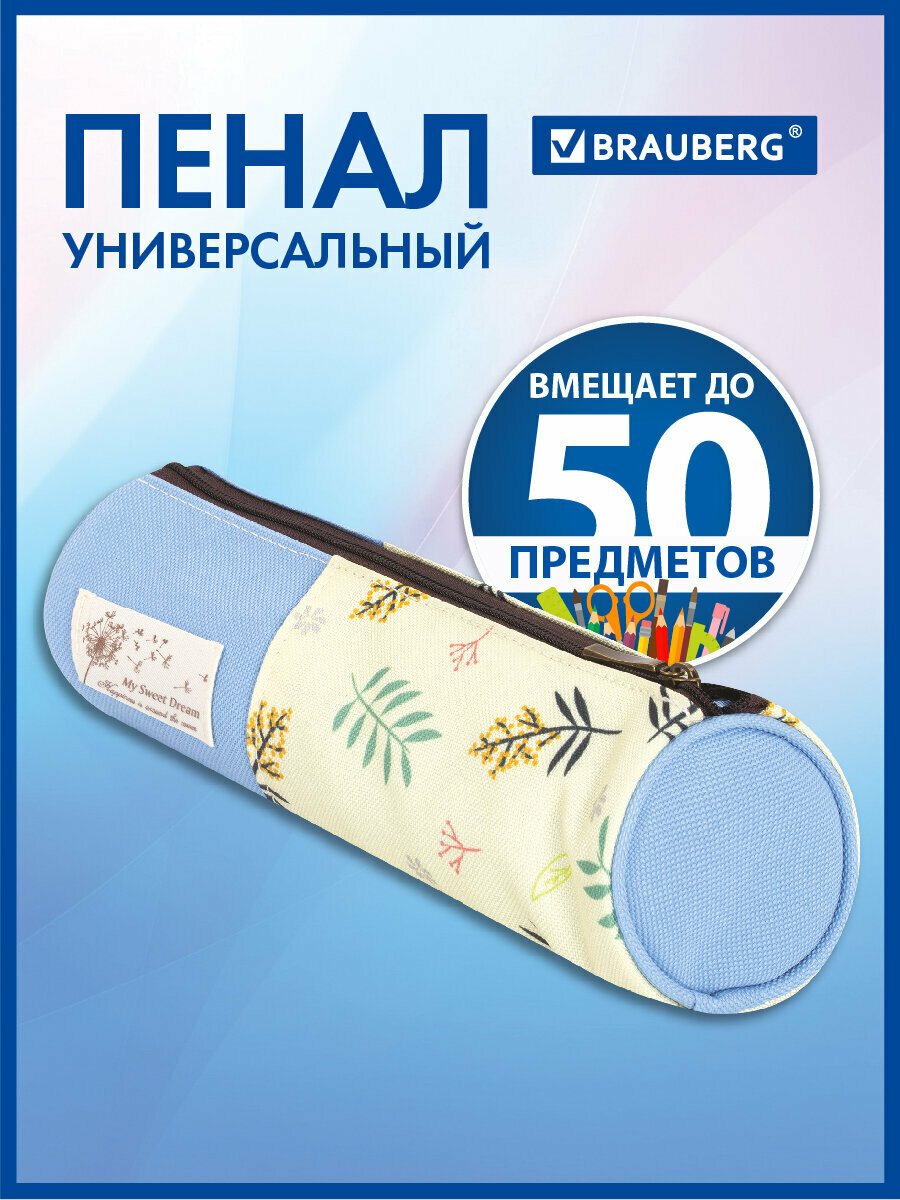 Пенал-тубус BRAUBERG, 1 отделение, полиэстер, Dream, голубой, 20х7 см, 270266