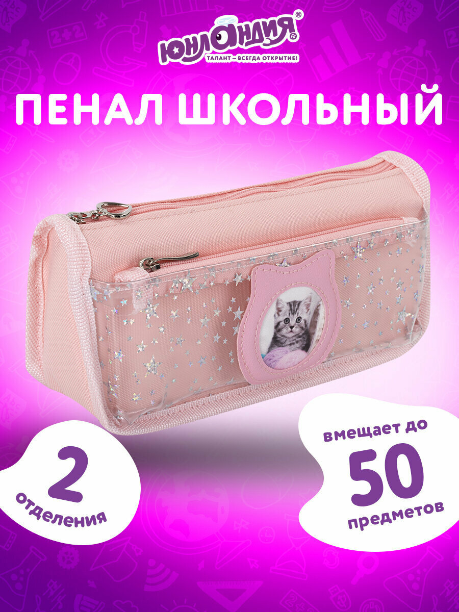 Пенал юнландия, 2 отделения, мягкий, полиэстер, Kitty, розовый, 21х6х9 см, 270261