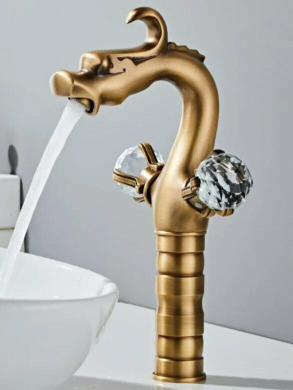 Смеситель для ванной комнаты в европейском стиле в форме дракона, двойная ручка из хрусталя, для горячей и холодной воды, латунь