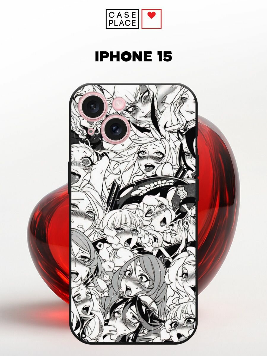 Черный матовый чехол на Apple iPhone 15 / Айфон 15 с принтом Ахегао манга тян