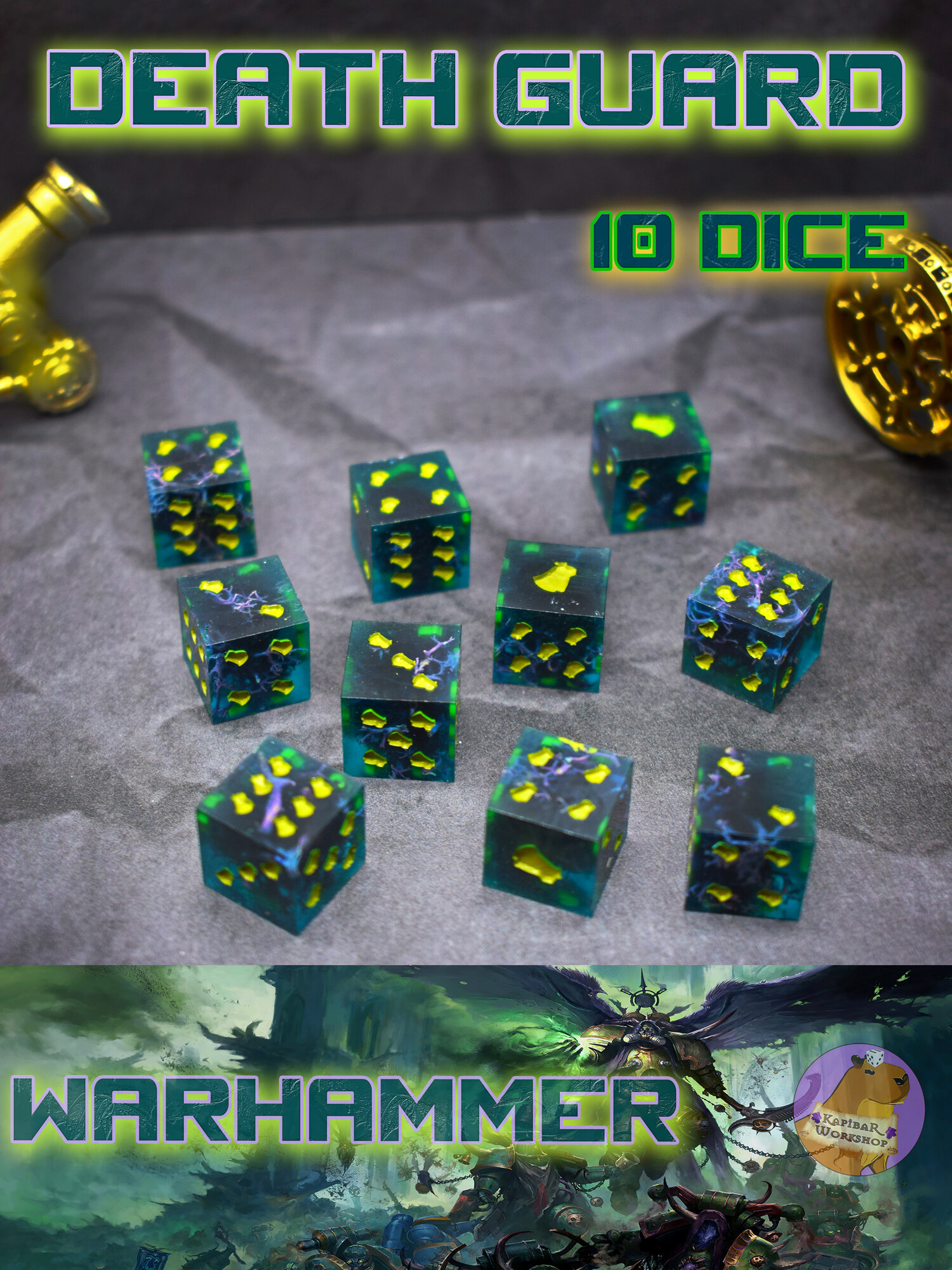 "Death Guard" Дайсы Игральные кубики для настольных игр и варгеймов (Warhammer) 10 D6 15мм.