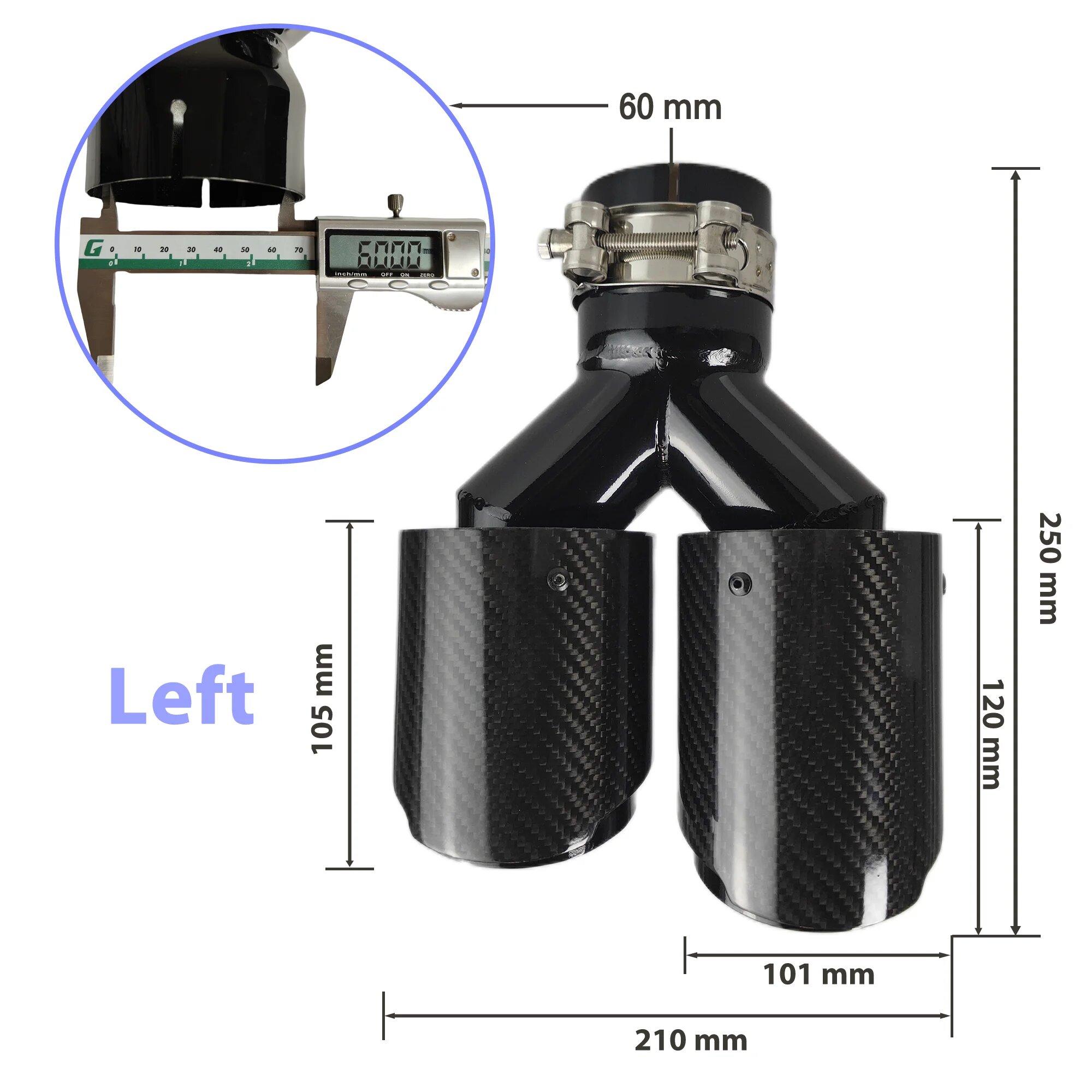 Глушитель карбоновый Y-образный, 60mm-101mm-Left