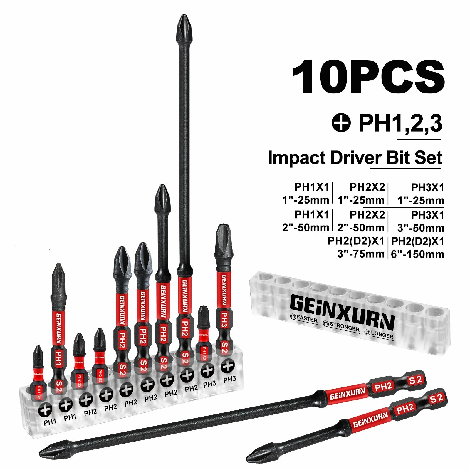 Набор магнитных крестообразных отверток Geinxurn Impact (PH1, PH2, PH3), S2, бита из легированной стали с 3-дюймовым держателем бит и основанием