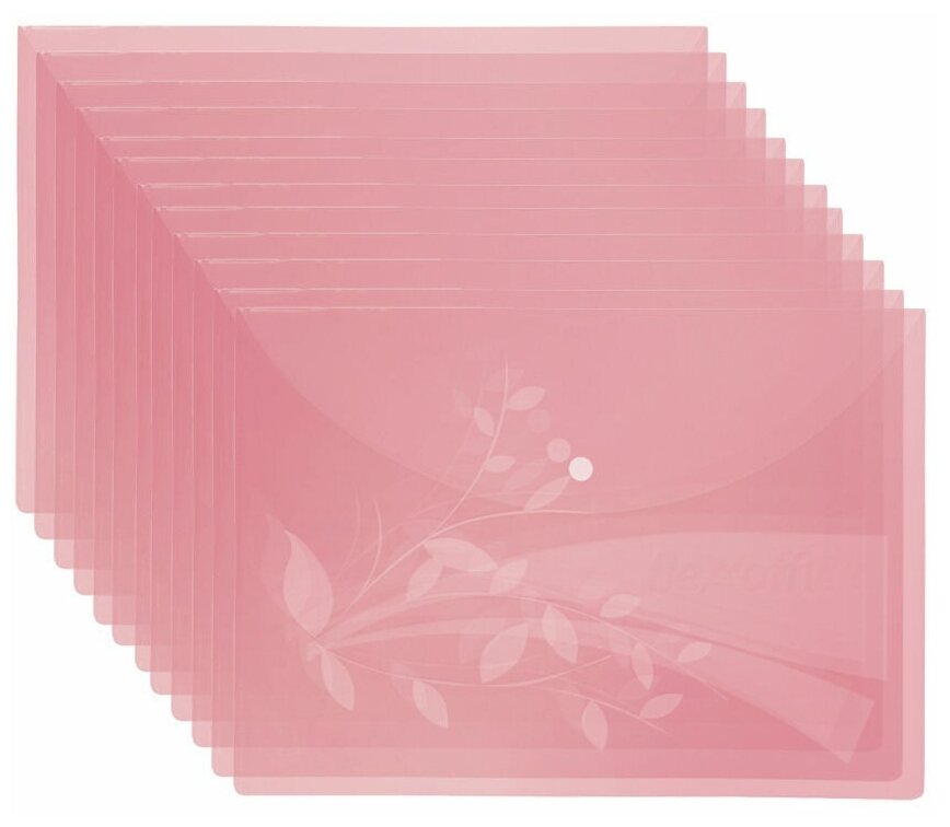 Папка-конверт пластиковая на кнопке A4 FlexOffice, розовая (12шт)
