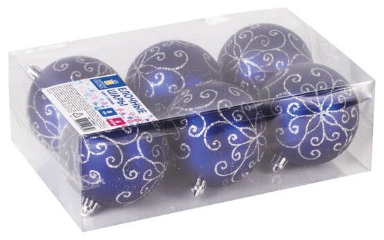 Шары елочные золотая сказка, набор 6 шт, пластик, 8 см, с серебристым рисунком, цвет синий
