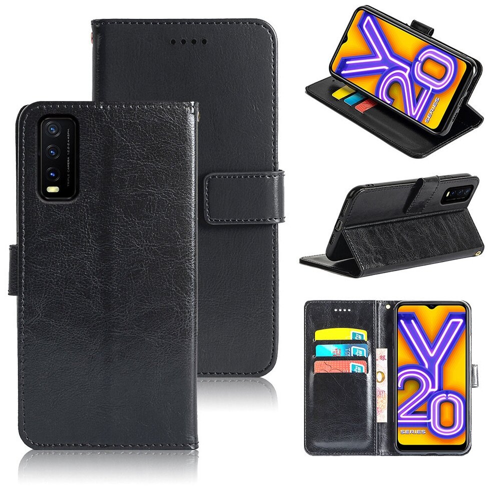 Чехол-книжка MyPads для Vivo Y20 из качественной импортной кожи с подставкой застёжкой и визитницей черный