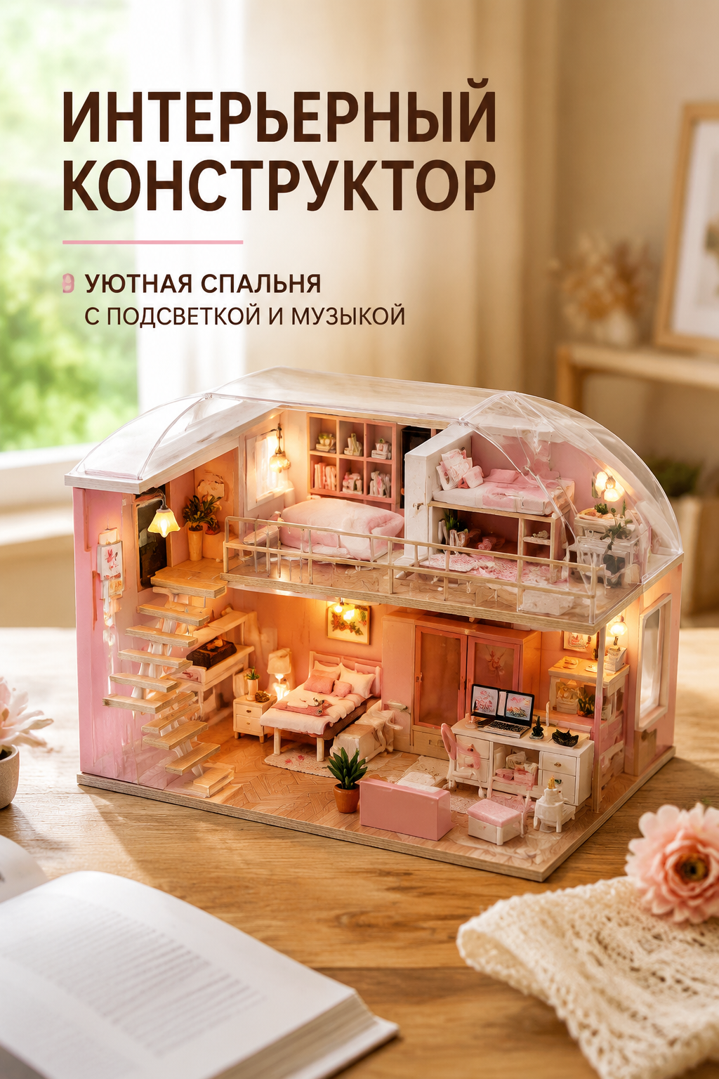 Интерьерный конструктор домик с подсветкой, музыкой и куполом, спальня, 1:24