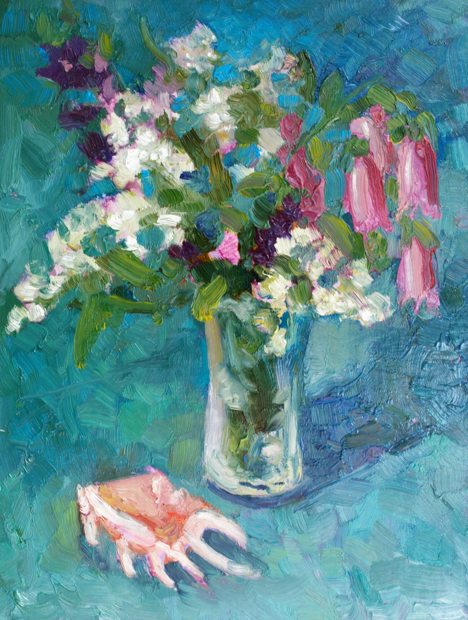 Картина маслом "Букет полевых цветов с ракушкой"