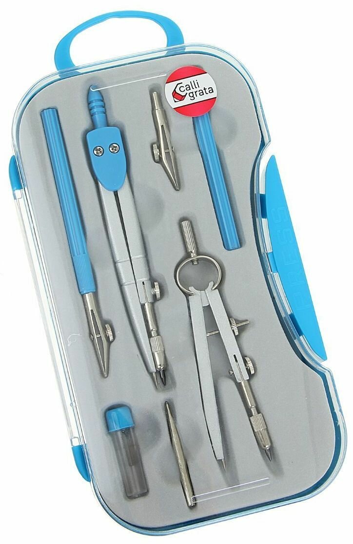 Готовальня для черчения из 7 предметов (2 циркуля, 2 рейсфедера, 2 удлинителя, грифель, центрик), чертежный набор в пластиковом пенале