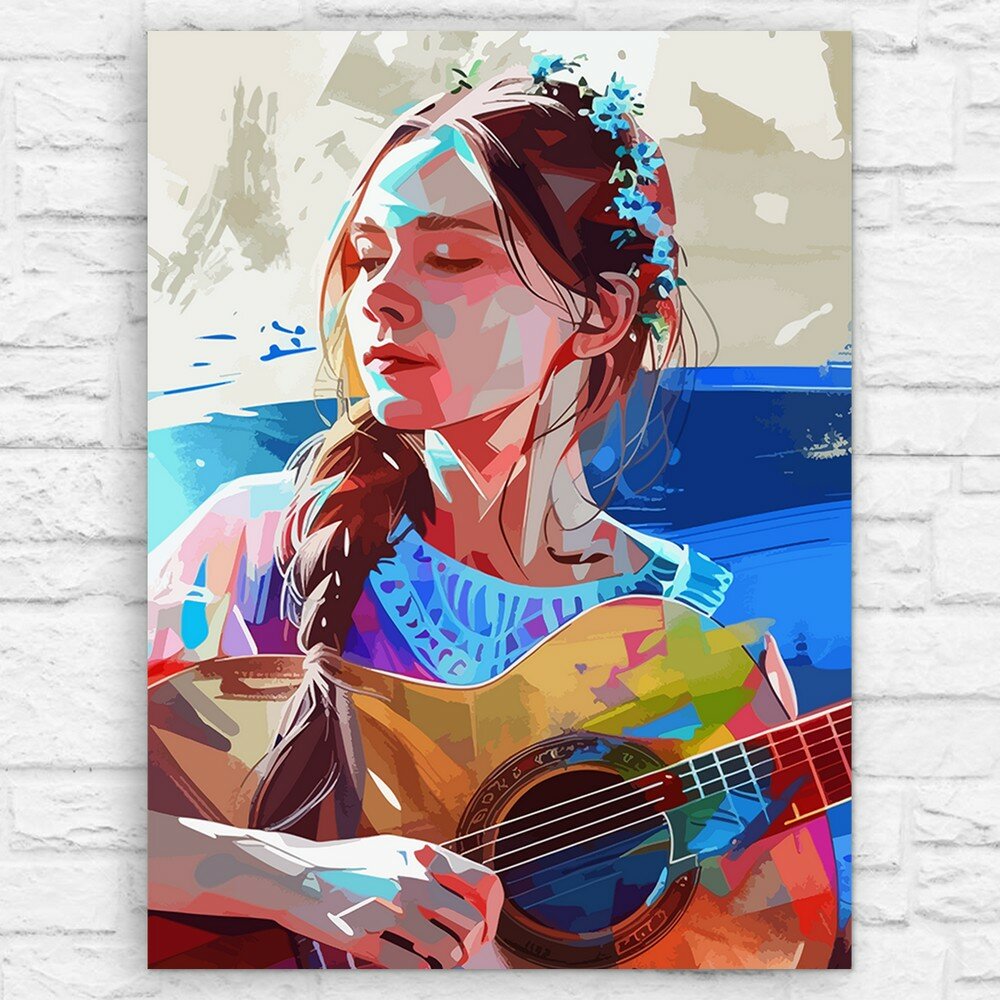 Картина по номерам на холсте девушка с гиатрой (флаг РФ, патриотизм, музыка) - 15580 В 30x40