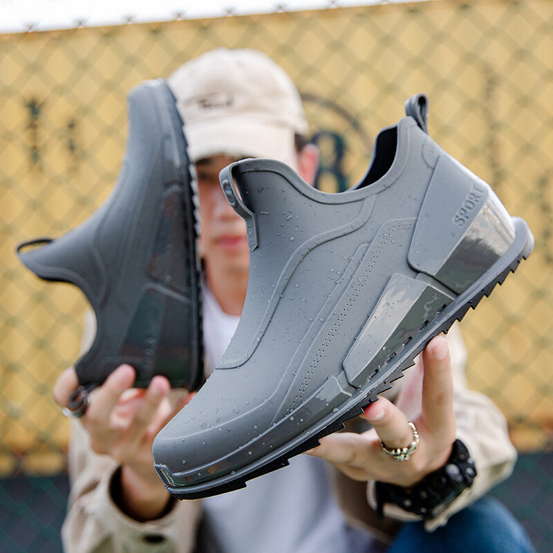 Полусапожки модные резиновые сапоги мужские толстые подошвы износостойкие резиновые туфли нескользящие кухонные резиновые туфли уличные водонепроницаемые резиновые сапоги плюс бархатные теплые туфли