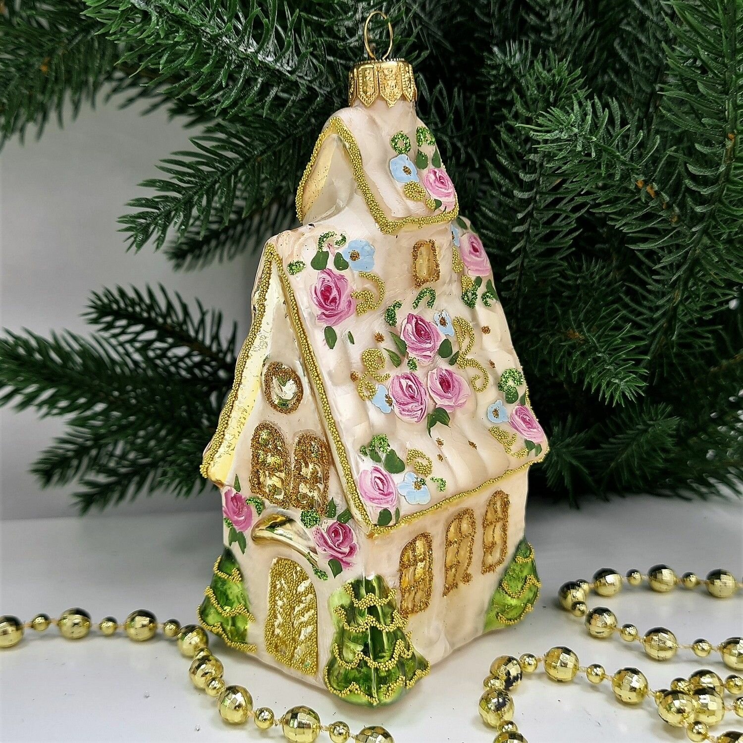Irena-Co елочная игрушка, стекло Домик с острой крышей версаль (13х7,5х6см)