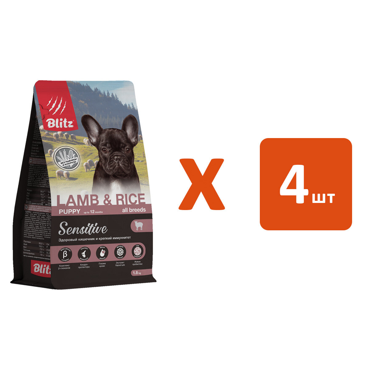 BLITZ SENSITIVE PUPPY ALL BREEDS LAMB & RICE д щен всех пор с чувствит пищевар с ягненком и рисом 1,8 кг х 4 шт