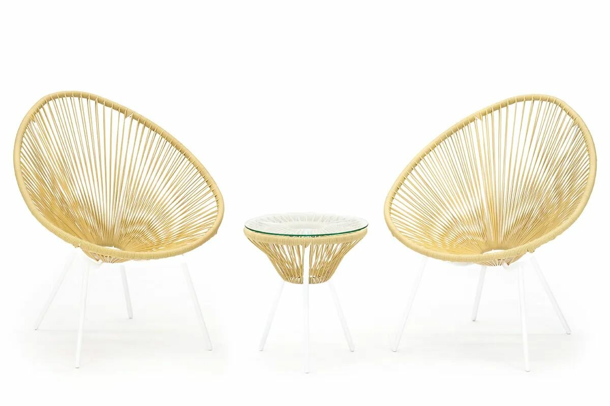 Комплект плетеной мебели KORNERA "Акапулько" на 2 персоны, каркас белый, искусственный ротанг бежевый