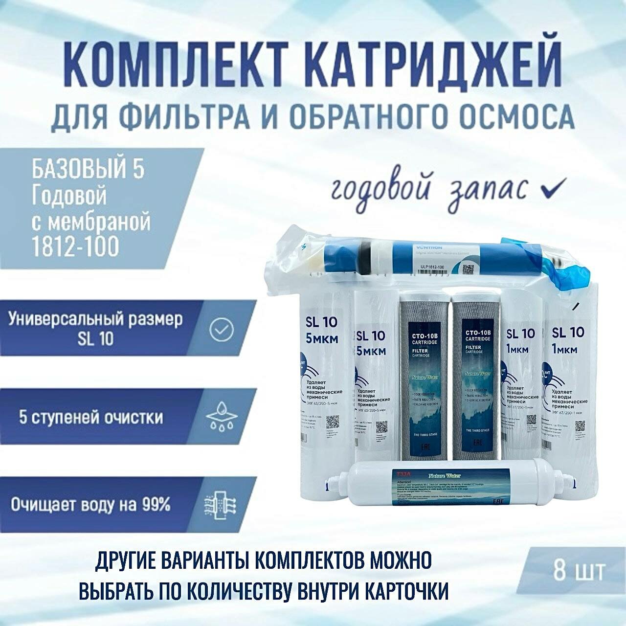 Сменные фильтры, комплект картриджей NatureWater "Базовый 5 годовой" с мембраной 1812-100, совместимы со всеми системами