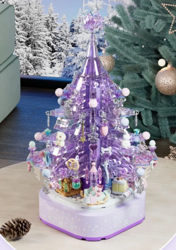 Детский развивающий конструктор блочный " Новогодняя елка - музыкальная шкатулка" - 729 деталей Розовая