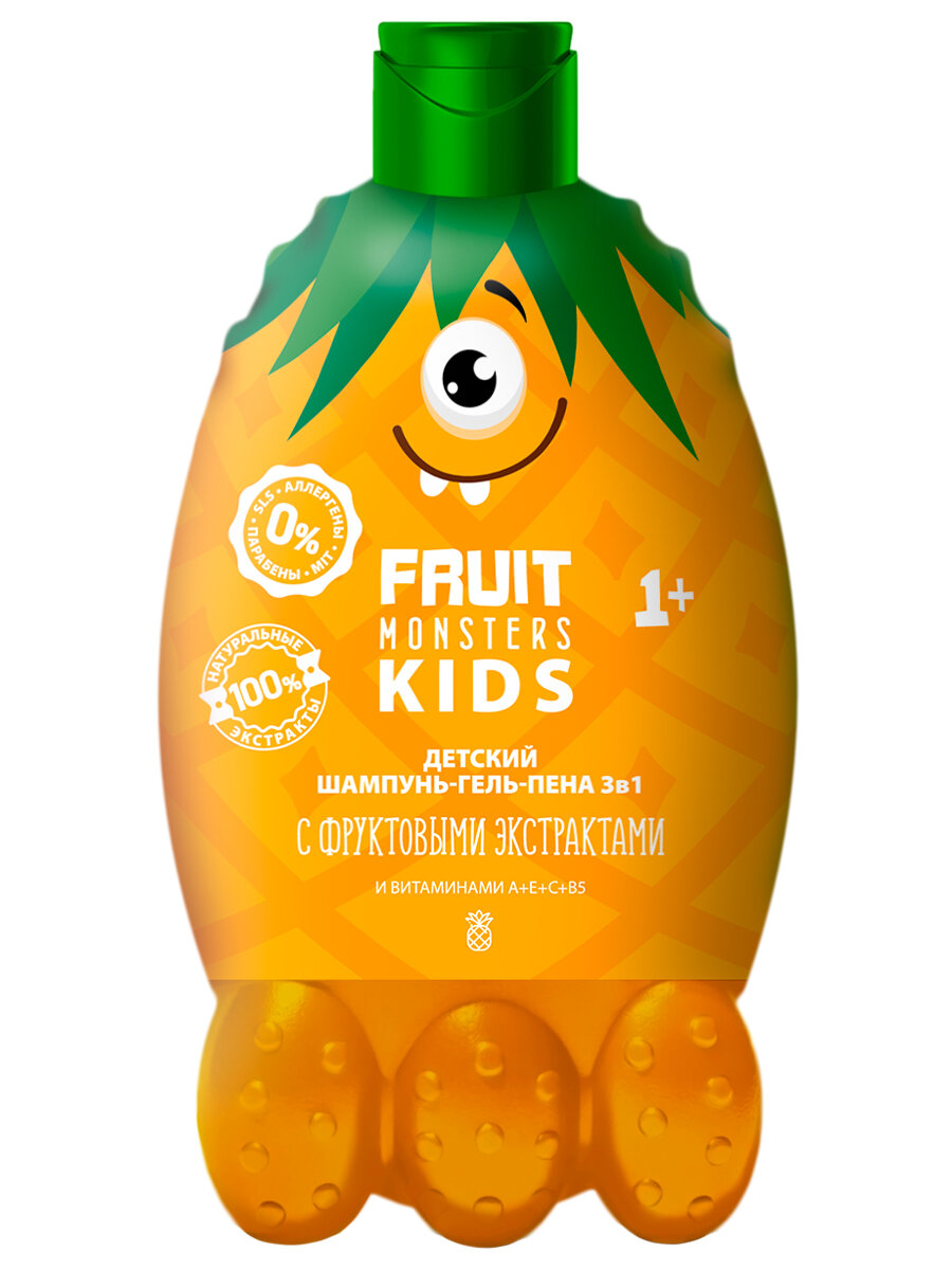 Средство для купания 3в1 Фрутомонстры пена шампунь гель детский Ананас 400мл
