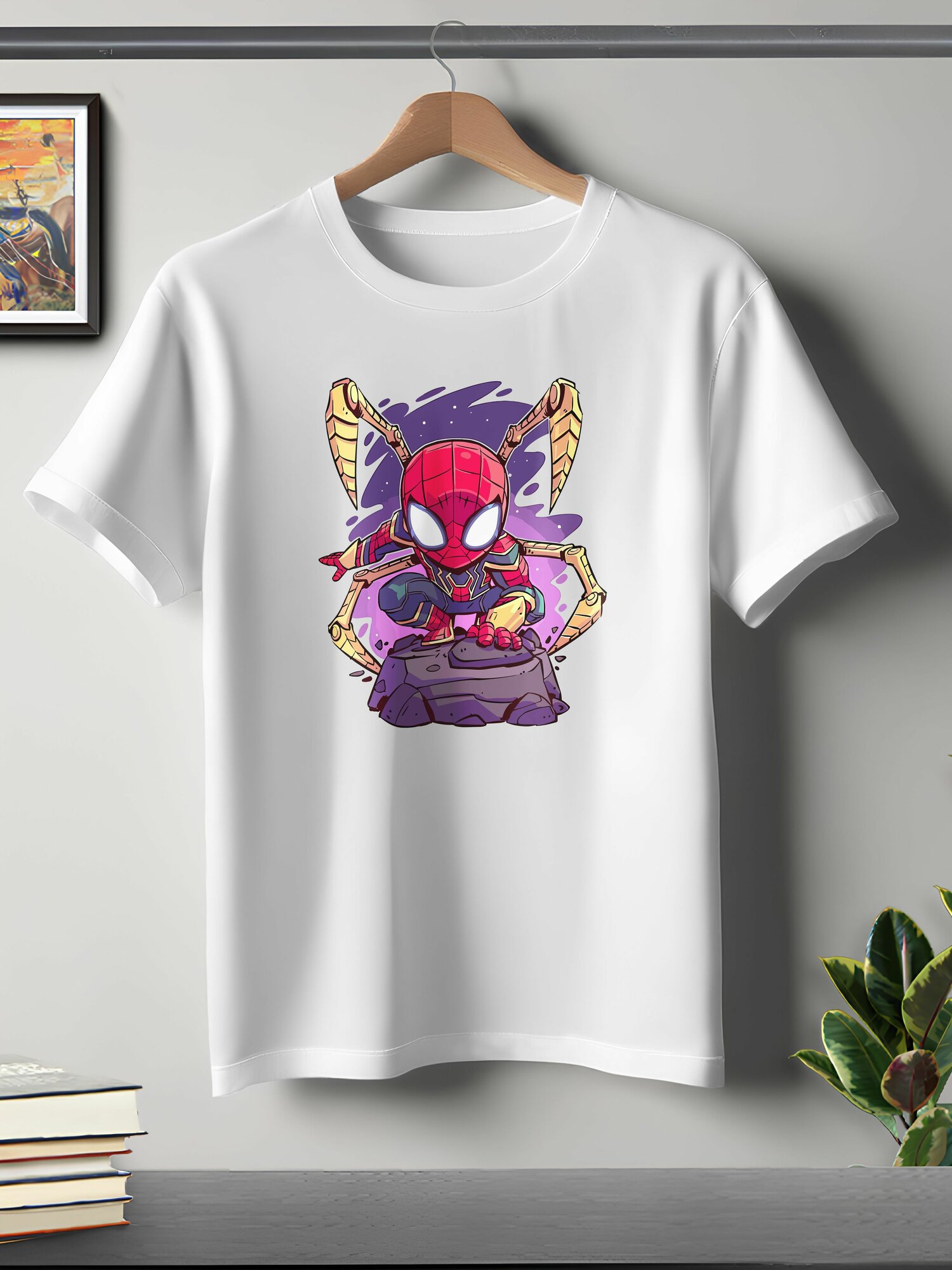 Футболка  Детская ONEQ 128 (8-9) размер с принтом Человек Паук, белая